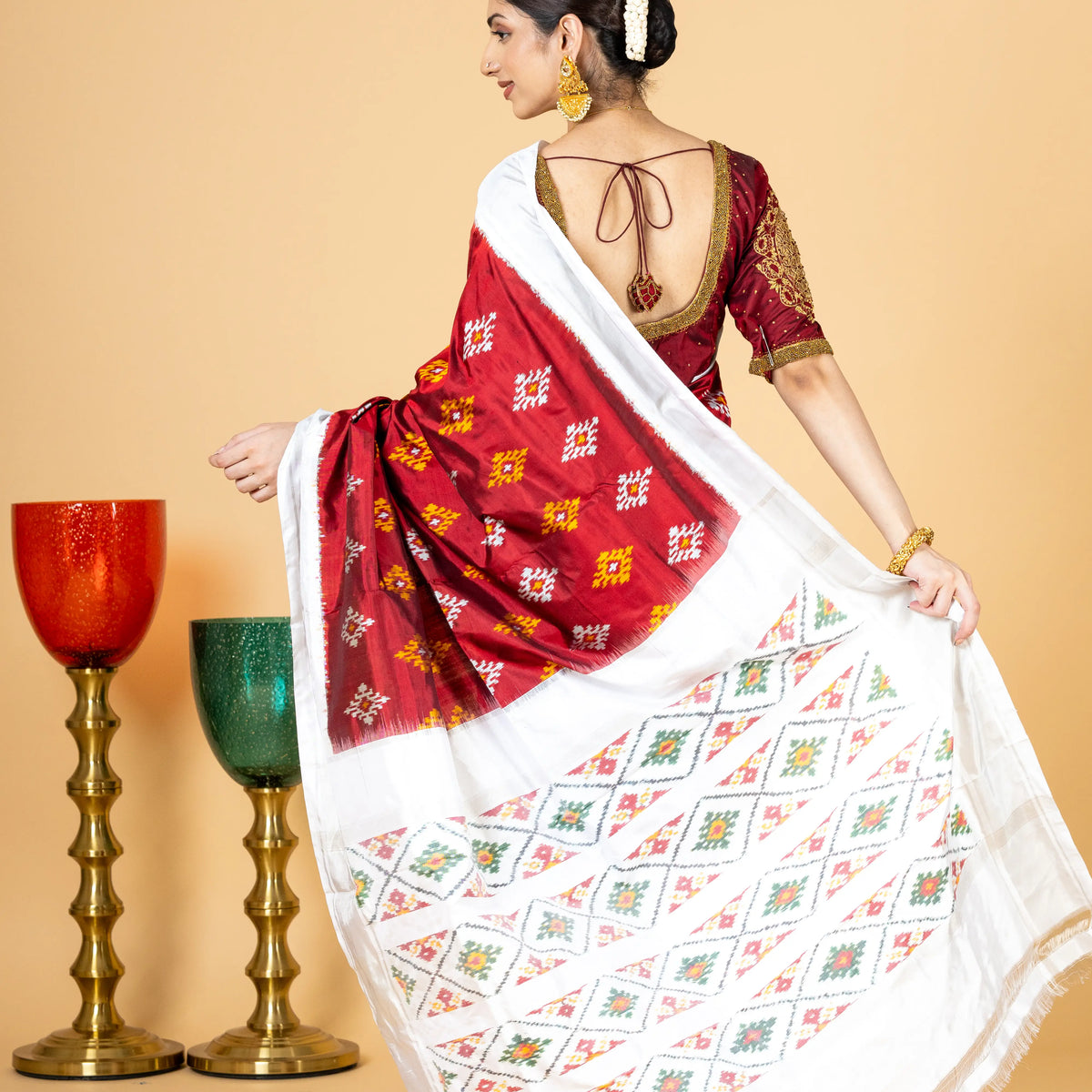 Dark Red Pochampally Saree With Beautiful Motifs And White Border ...